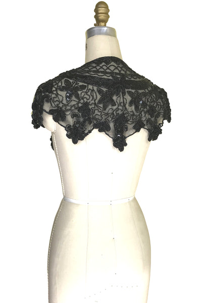 Vintage Luxe Hand Beaded Cutout Victorian Collar Capelet - Black Jet